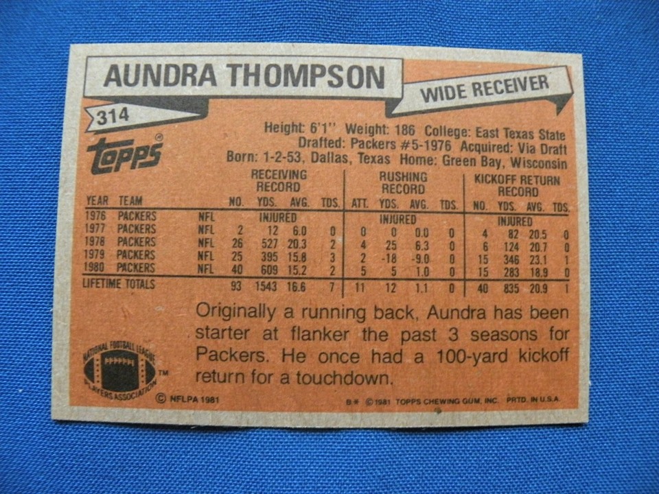 1981 Topps Aundra Thompson Packers card #314 NFL football $1 S&H | eBay