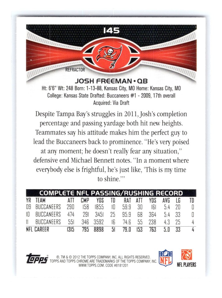 2012 Topps Chrome Football #145 Josh Freeman SN Orange Refractors Tampa ...