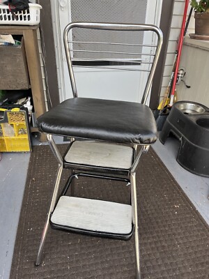 Vintage Cosco Kitchen Metal Step Stool Chair black Flip Up Seat chrome ...