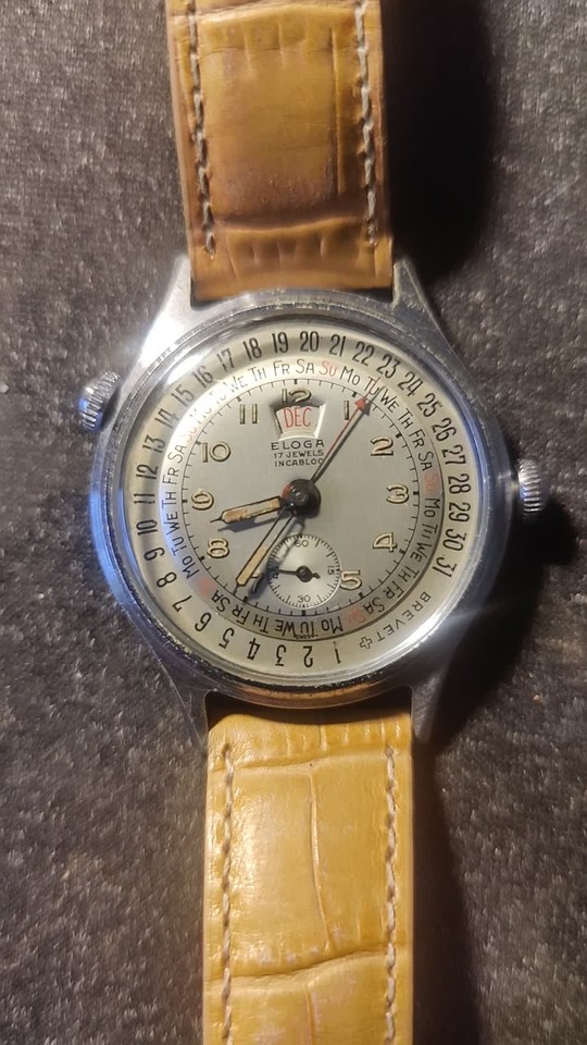 Vintage Eloga Triple Date " date o graph" Pointer 37mm Steel Back Metal ...
