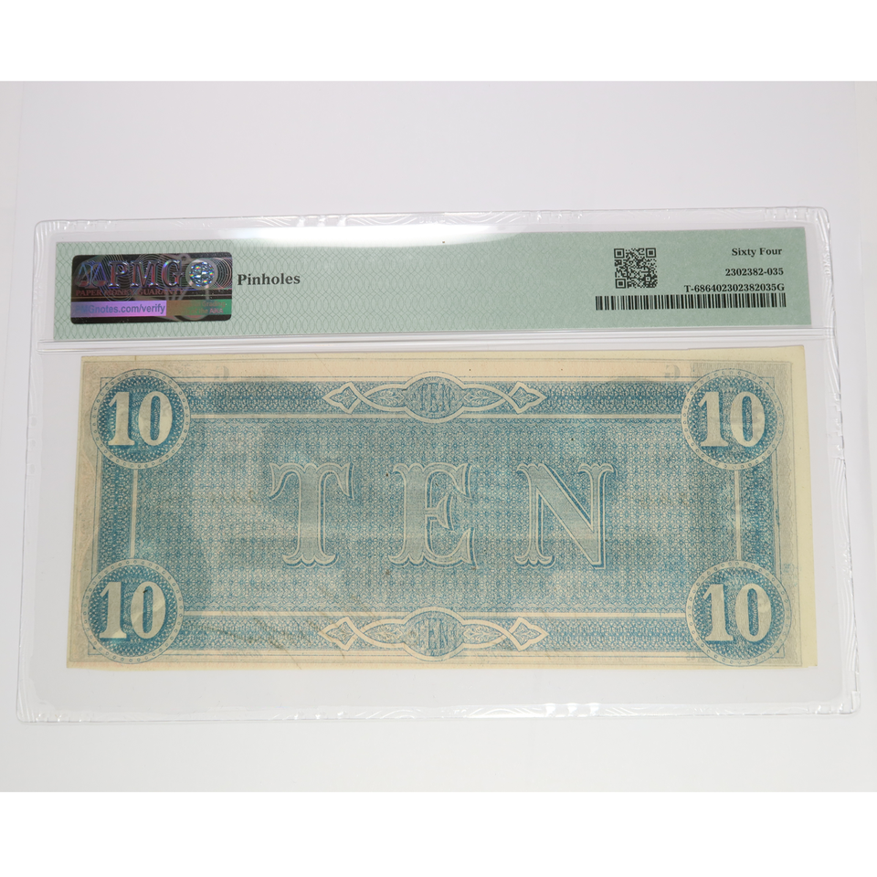 1864 PMG 64 CSA Confederate States of America $10 Ten Dollar Note T-68 ...