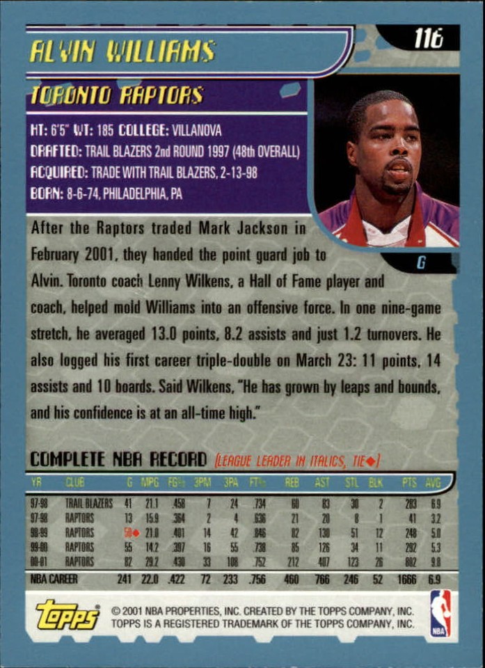 2001-02 Topps Toronto Raptors Basketball Card #116 Alvin Williams | eBay