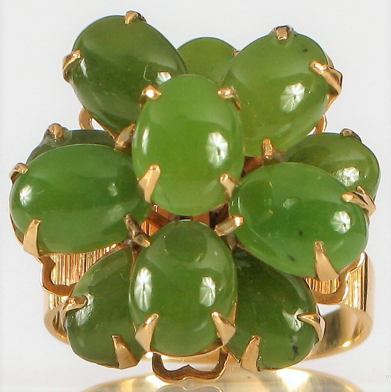VINTAGE 14K YELLOW GOLD BEAUTIFUL HALO CLUSTER STACK GREEN JADE RING ...