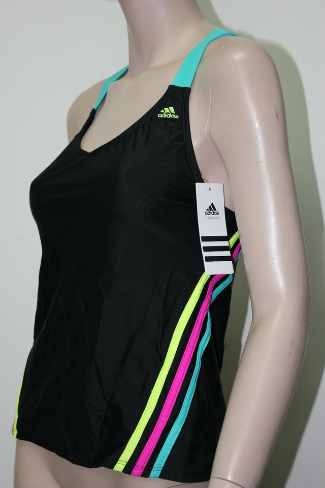 New Adidas Piped Crossback Solid Tankini Swimsuit Top Black Size 10 | eBay