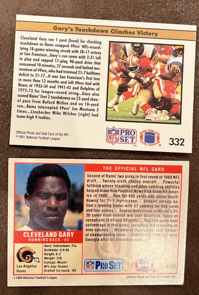 1989 Pro Set Football Card #499 Cleveland Gary Rookie & 1991 Replay Pro ...