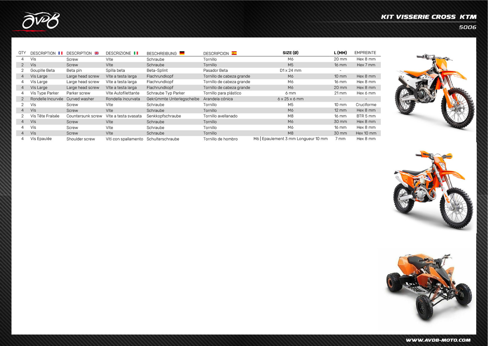 Visserie KTM EXC 300 2008-2011 idéale pour l'entretien mécanique du ...