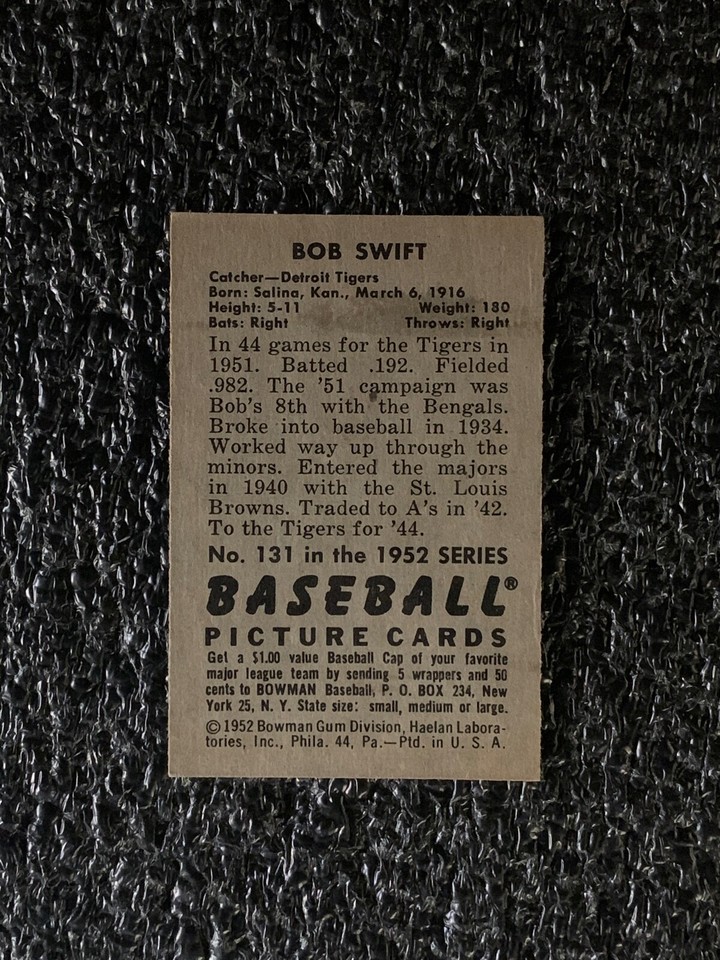 1952 Bowman Baseball #131 Bob Swift VG/EX | eBay