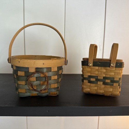 2 Boyd's Vintage Mini Baskets Picnic w/ Hinged Lid & Round Basket Swing ...