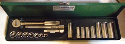 Vintage S-K SK Tool 18 pc. 3/8" dr. Ratchet Socket Set Metal Case Box ...