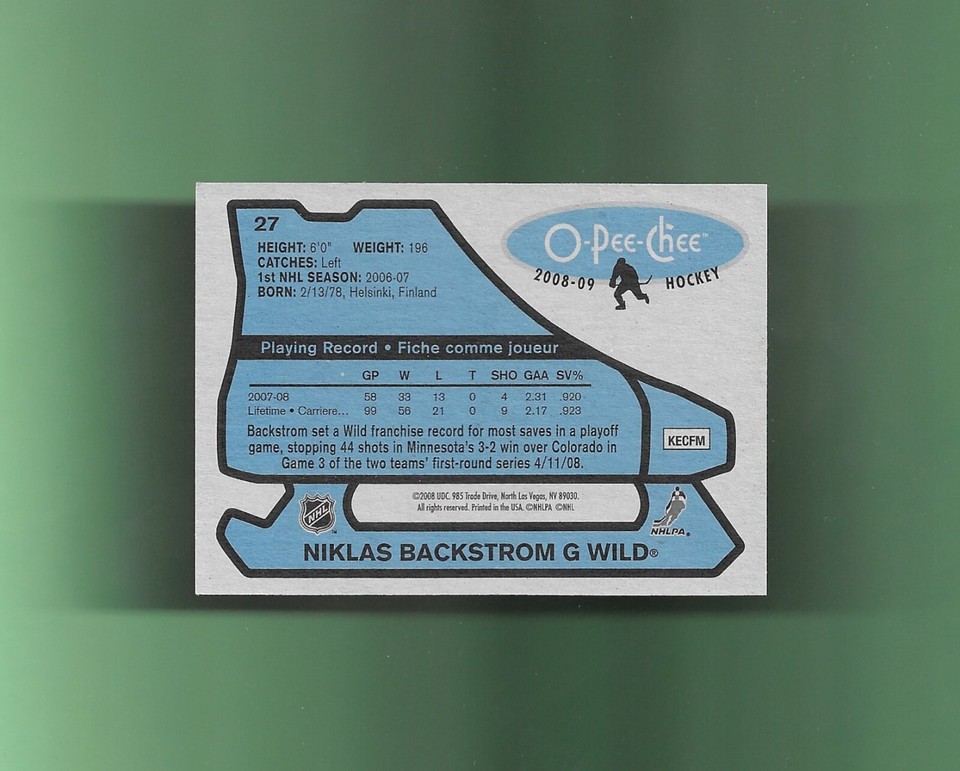 2008-09 O-PEE-CHEE OPC RETRO # 27 NIKLAS BACKSTROM MINNESOTA WILD SHARP ...