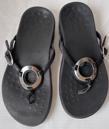 Women's Vionic Karina Black Silver Strap Slide Thong Flip Flop Sandals ...