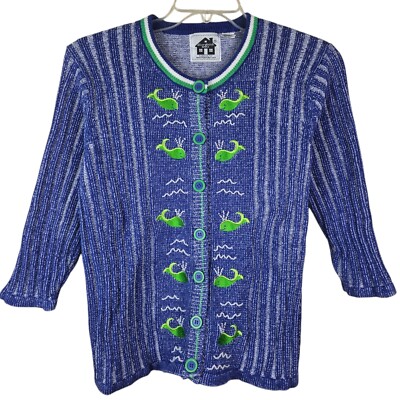 Storybook Knits Sz M Whale of a Day Bead Embroidered Blue Cardigan ...