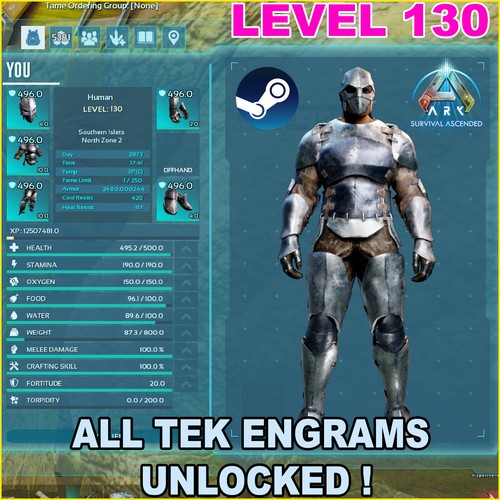 Ark Survival Ascended PC STEAM 💎CHARACTER LEVEL 130💎ALL BOSS - ALL TEK ...