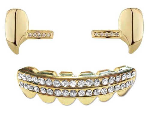 Custom 14K Gold Plated Iced Lower Teeth Grillz & Upper Top Double Fangs ...