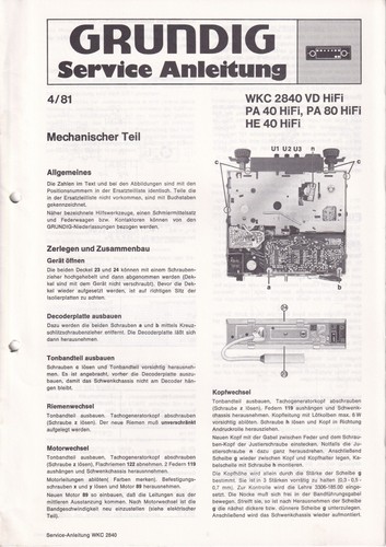 Service Manual-Anleitung für Grundig WKC 2840 VD, PA 40, PA 80, HE 40 ...