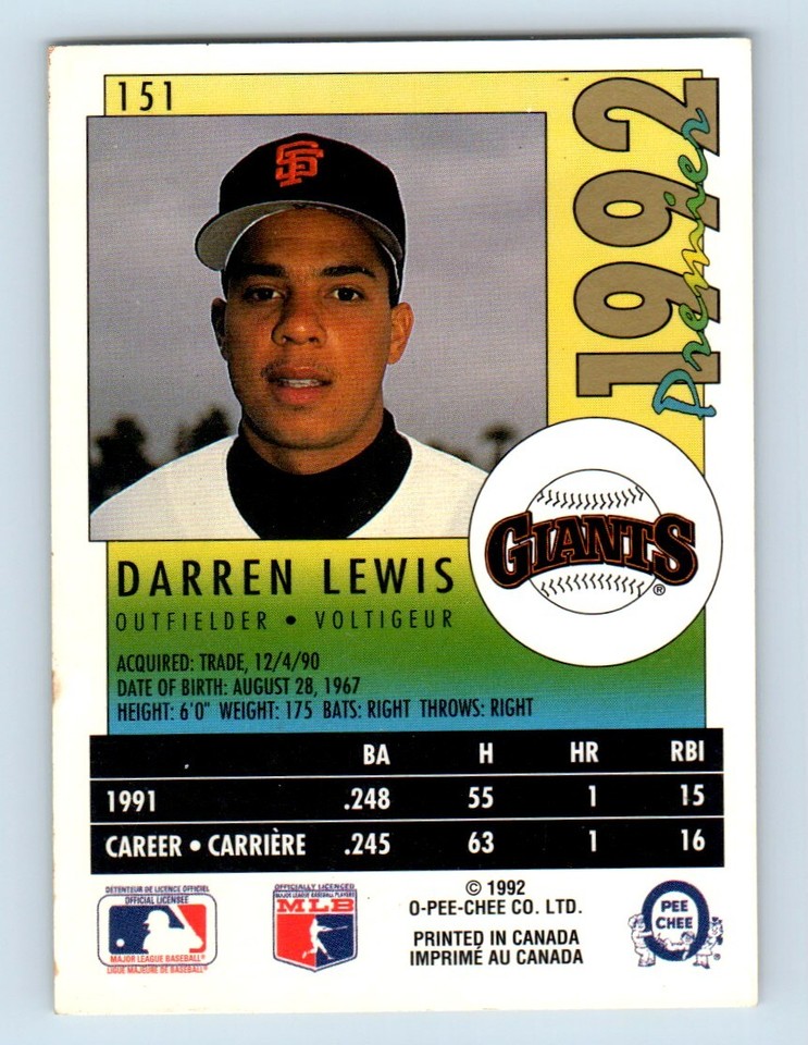 1992 O-Pee-Chee Premier Darren Lewis San Francisco Giants #151 | eBay