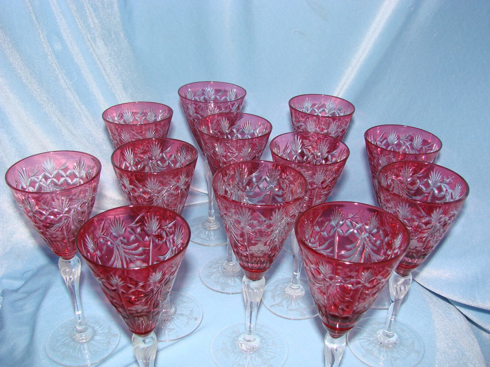 Cranberry cut to clear stemware with clear stems Set of 12 fans ...