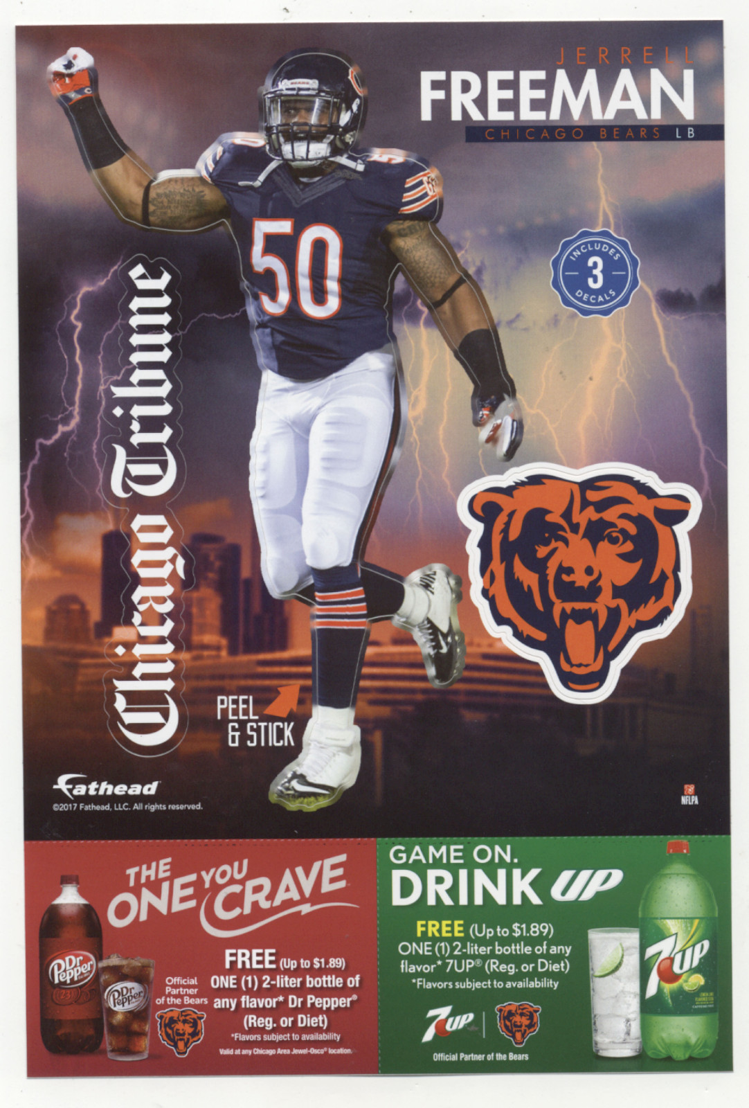 Jerrell Freeman Chicago Bears 2017 Fathead Chicago Tribune Jewel Osco Exclusive | eBay