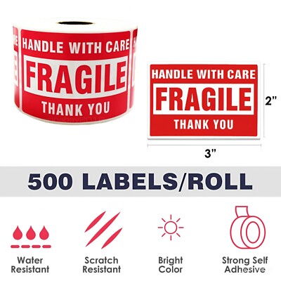 Fragile Stickers 1 Roll 500 2x3 Fragile Label Sticker Handle With Care ...