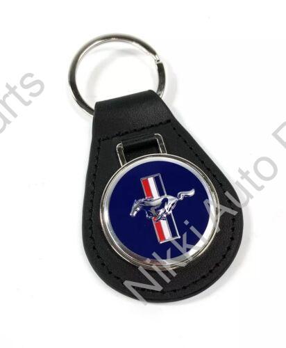Blue Ford Mustang Tri-Bar Pony Emblem Keychain Fob - Black Leather ...