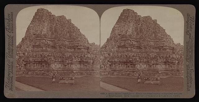 world-famed example Hindu art--elaborately sculptured temples Brambanam ...