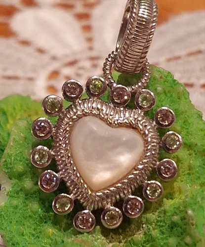 JUDITH RIPKA 925 Silver Mother of Pearl Pink/ Green Peridot Heart ...