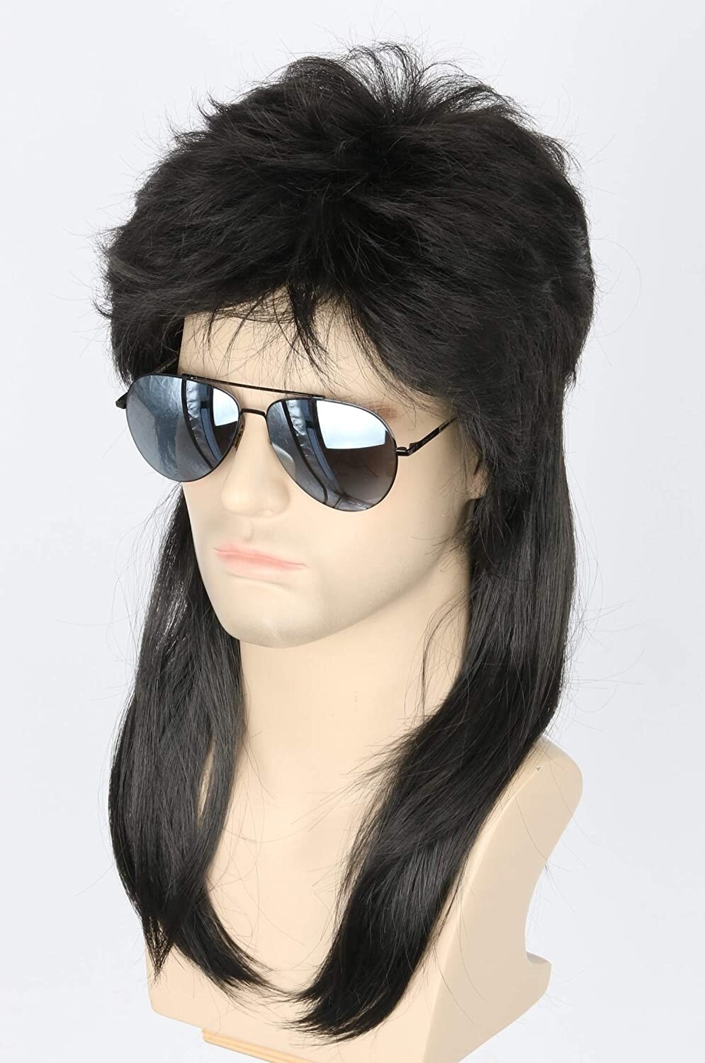 Mens Black 80s Mullet Wig Long 1980s Disco Bogan Punk Rock Party ...