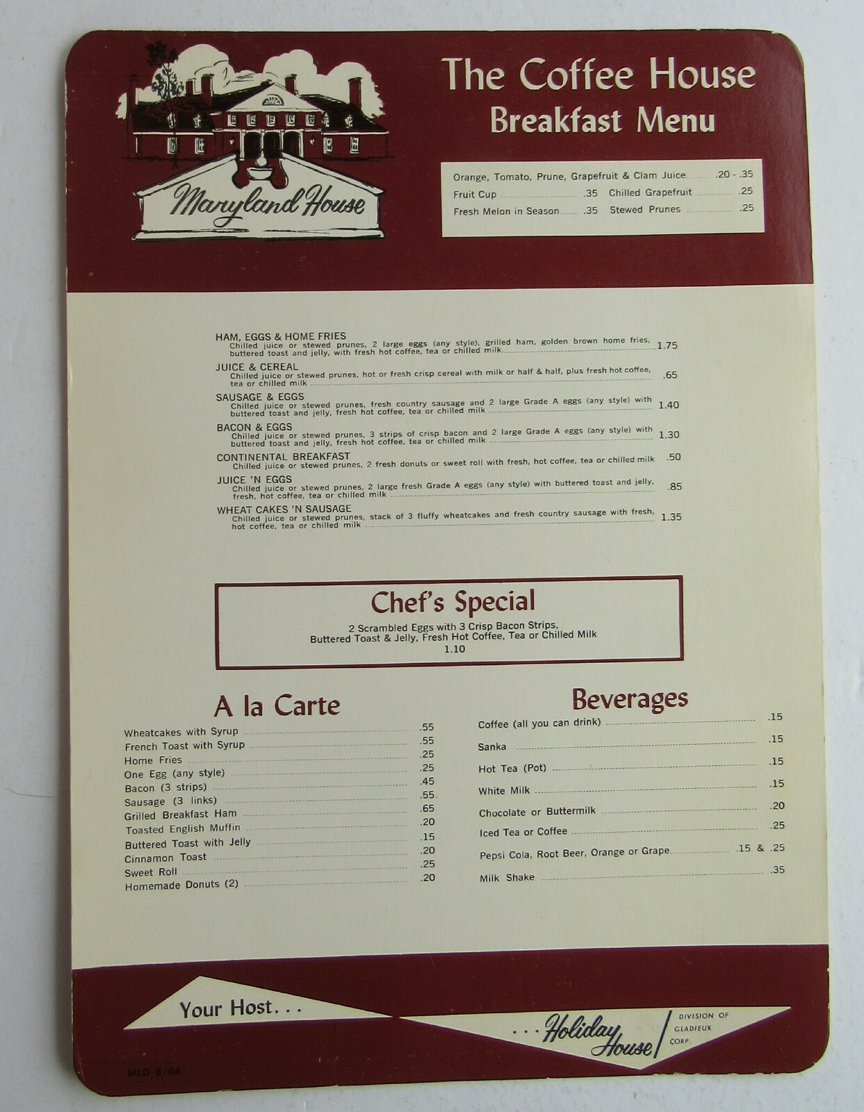 Menu For The Maryland House Breakfast Menu 1964 | eBay