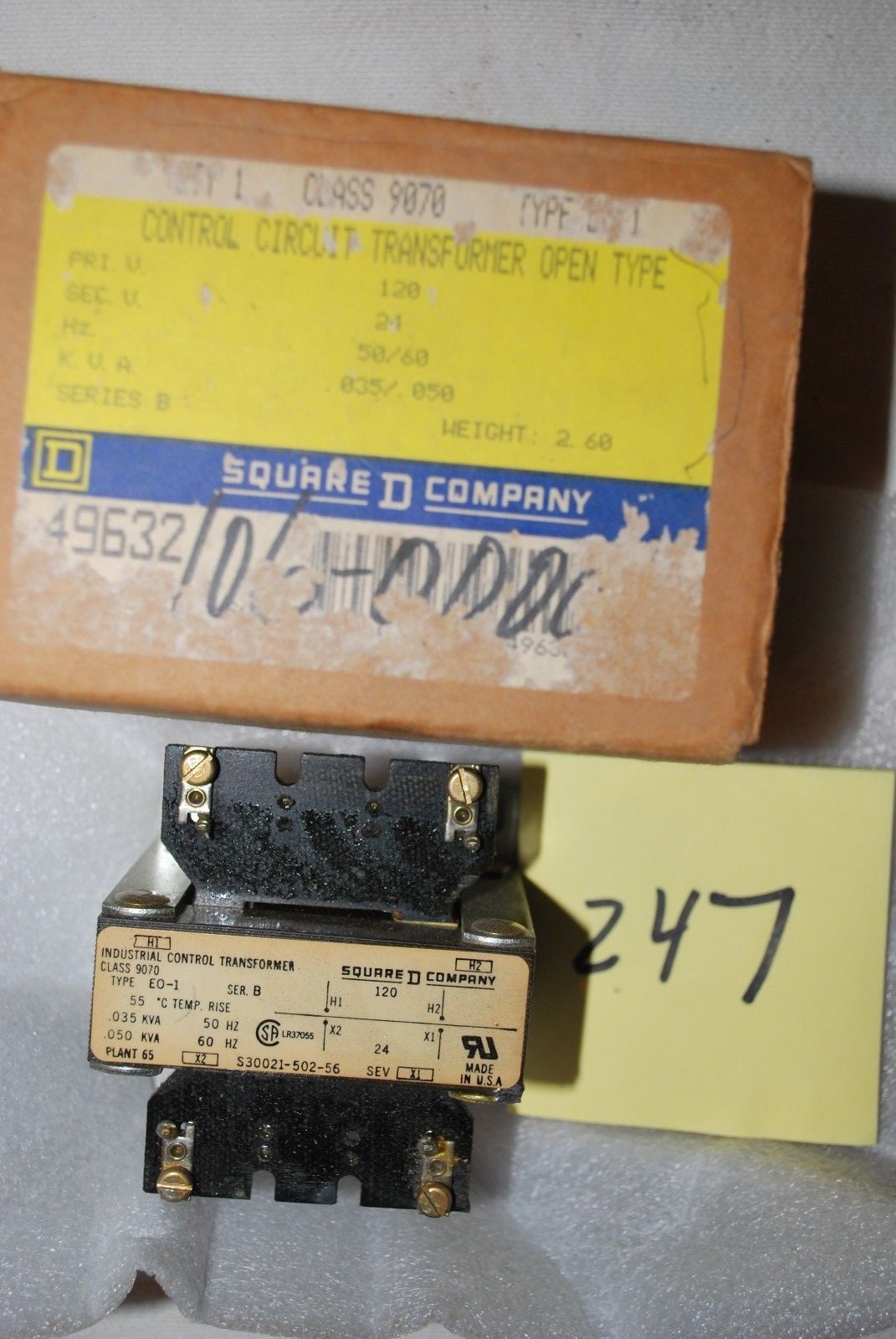 Square D Transformer 9070 Open Type EO-1 120V to 24V 50 VA @ 60 Hz ...