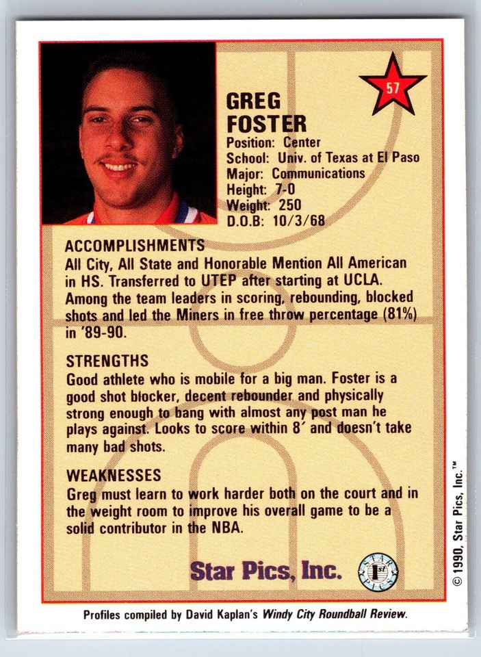 1990 Star Pics Greg Foster Rookie UTEP Miners RC #57 | eBay