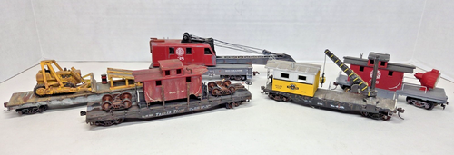 HO Lot of 5 Work Train Cars, Spotlight Car, Two Crane Cars, Flat Bed ...