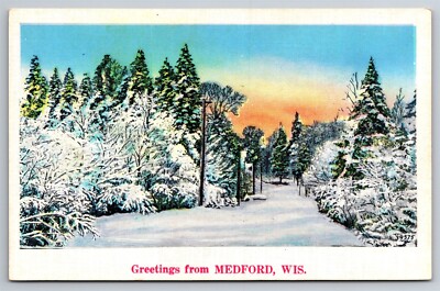 Greetings From Medford Wis Snowy Forest Lane C1930 Postcard M29 | eBay