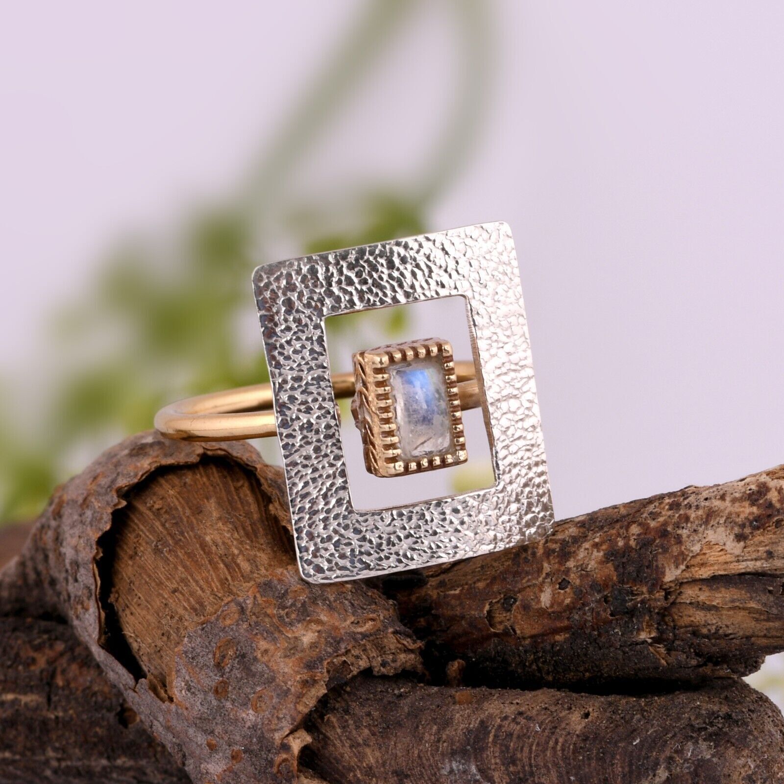 Double Rectangle Gemstone Rings Gold Plated Two Design White Moonstone ...