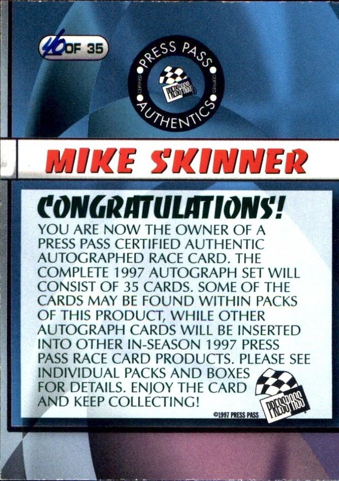 Jeff Skinner Nascar AUTOGRAPH 1997 Press Pass VIP #40 | eBay