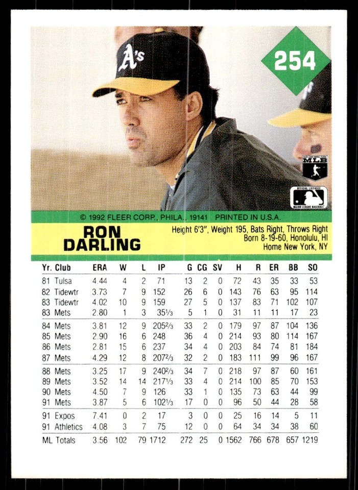 1992 Fleer Baseball Card Ron Darling Oakland Athletics #254 | eBay