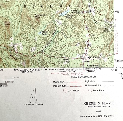 Map Keene NH Vermont 1958 Topographic Geo Survey 1:62500 22 x 18" TOPO3 ...