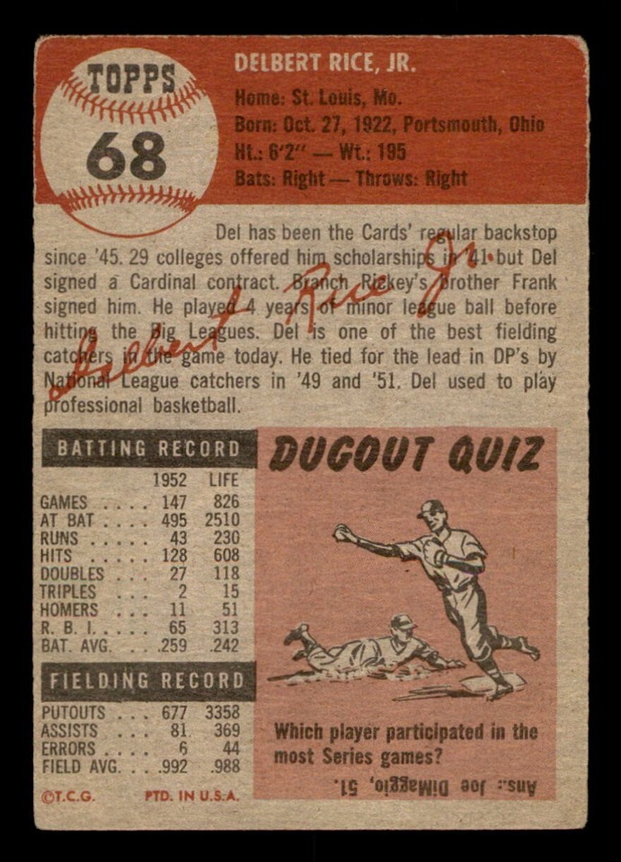 1953 Topps Baseball #68 Del Rice VG *h1 | eBay