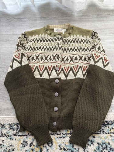 Jersild Vintage Green White Fair Isle Nordic Crew Cardigan Sweater ...