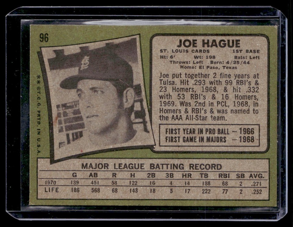 1971 Topps #96 Joe Hague St. Louis Cardinals EX+ Baseball Card *B289 | eBay