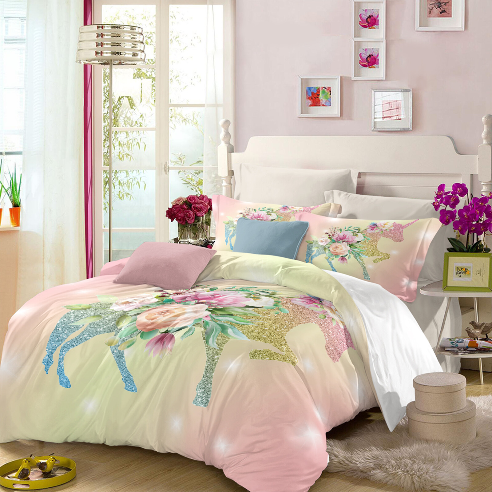 Cute Unicorn Soft Doona Duvet Quilt Cover Set Single/Double/Queen Size ...