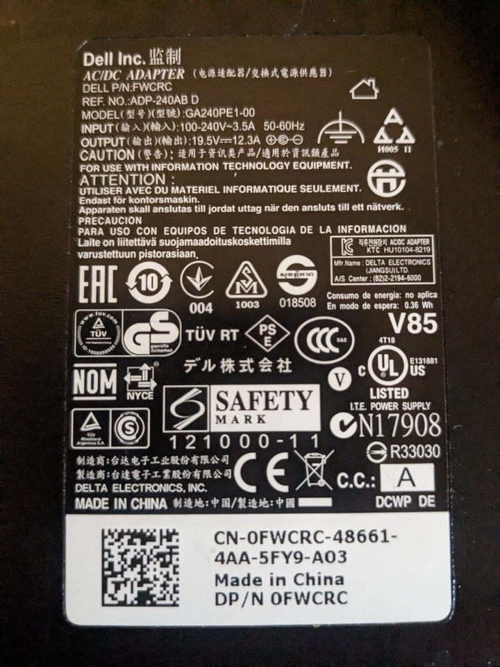Genuine Dell AC/DC Adapter Model: GA240PE1-00 Output: 19.5V-12.3A CN ...