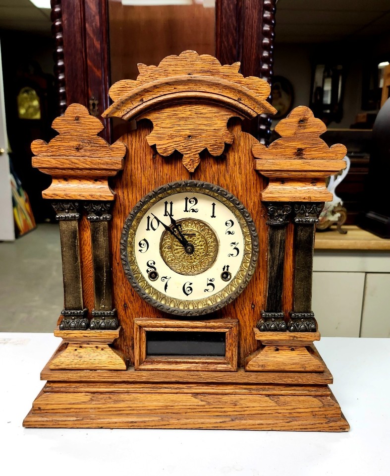 Antique 8 Day Time and Strike Ingraham Carved Oak Parlor Clock Very ...