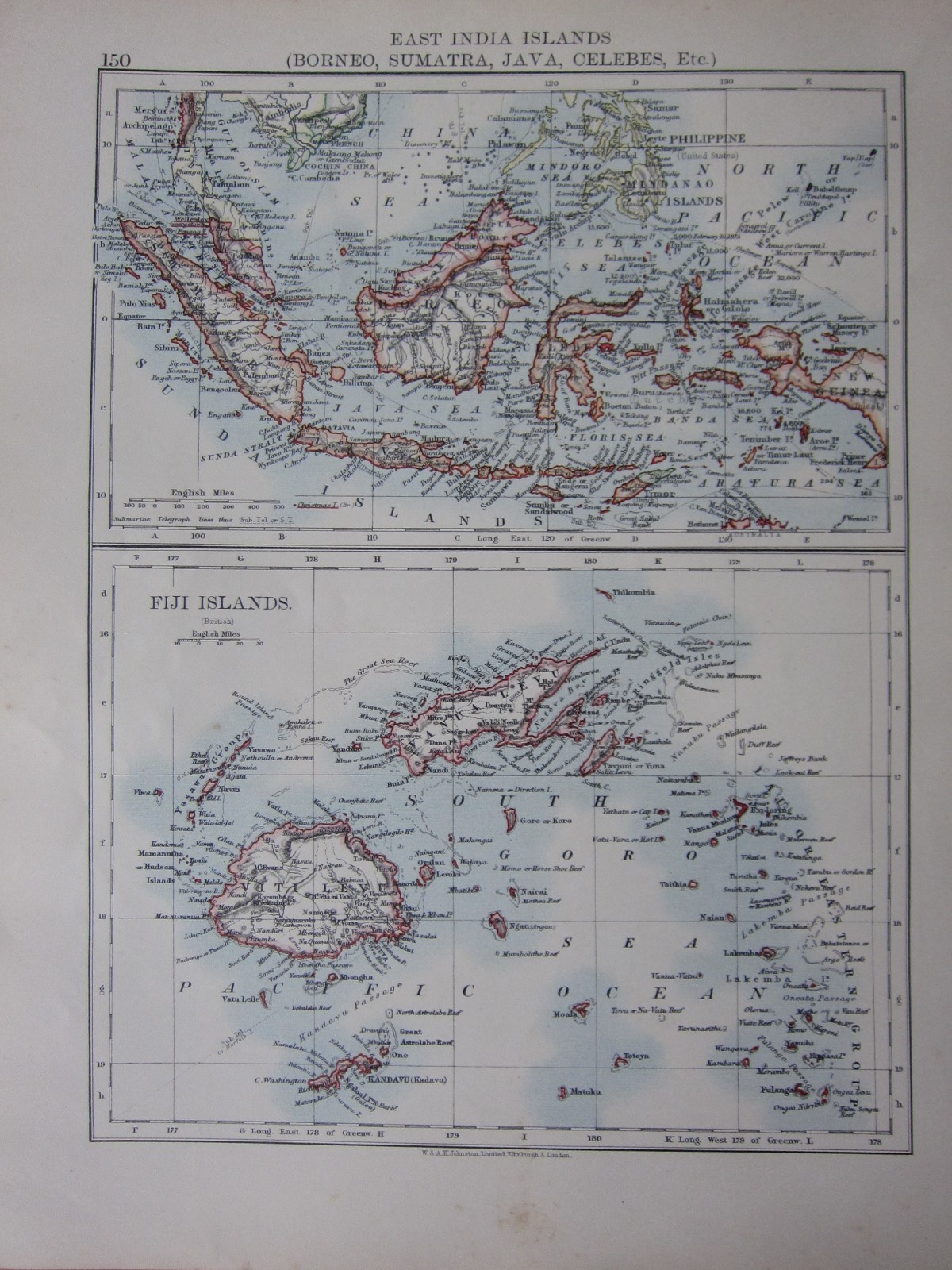 1901 VICTORIAN MAP EAST INDIA ISLANDS BORNEO SUMATRA JAVA CELEBES FIJI ...