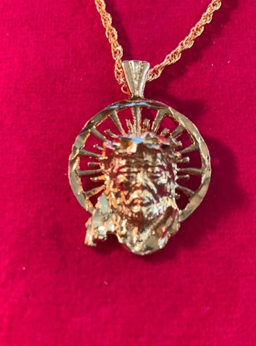 14 KT GOLD PLATED 1 1/4" JESUS FACE CHARM & 18"14KT GOLD ROPE CHAIN ...