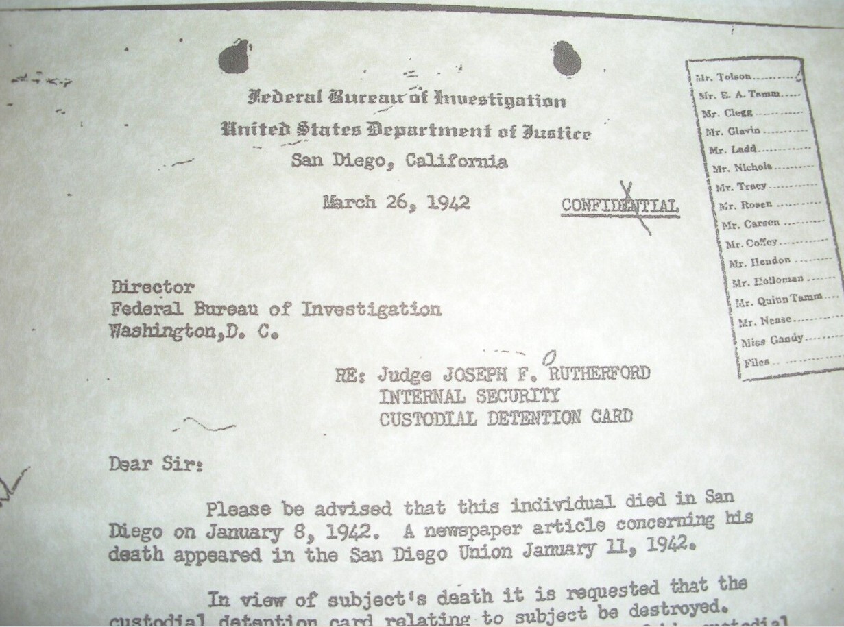 1942 FBI Detention Card for J.F. Rutherford Watchtower I.B.S.A. | eBay