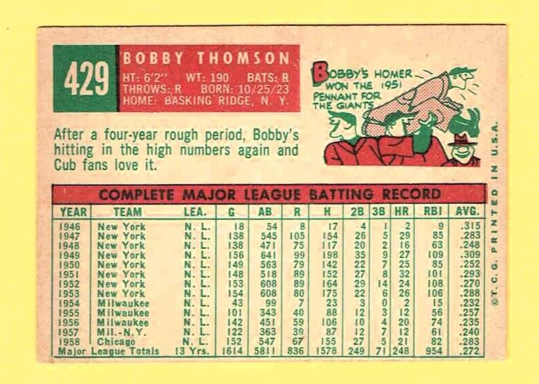 1959 TOPPS BASEBALL CARD #429 BOBBY THOMPSON Chicago Cubs EX+ | eBay