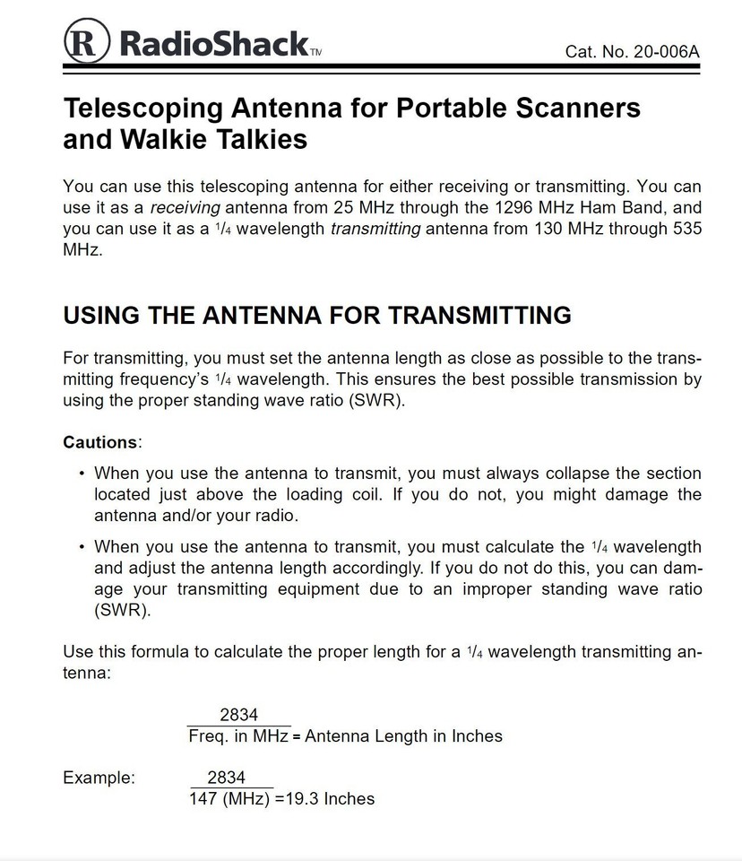 RADIO SHACK 20-006A CENTER LOADED TELESCOPIC BNC SCANNER ANTENNA 25 ...