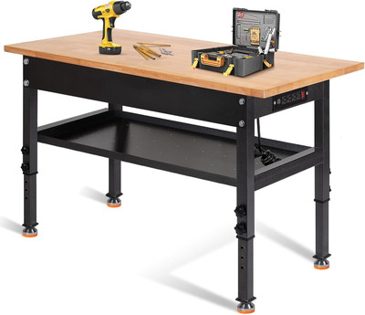 48"/60'' Adjustable Workbench, Rubber Wood Top Heavy-Duty Work Bench ...