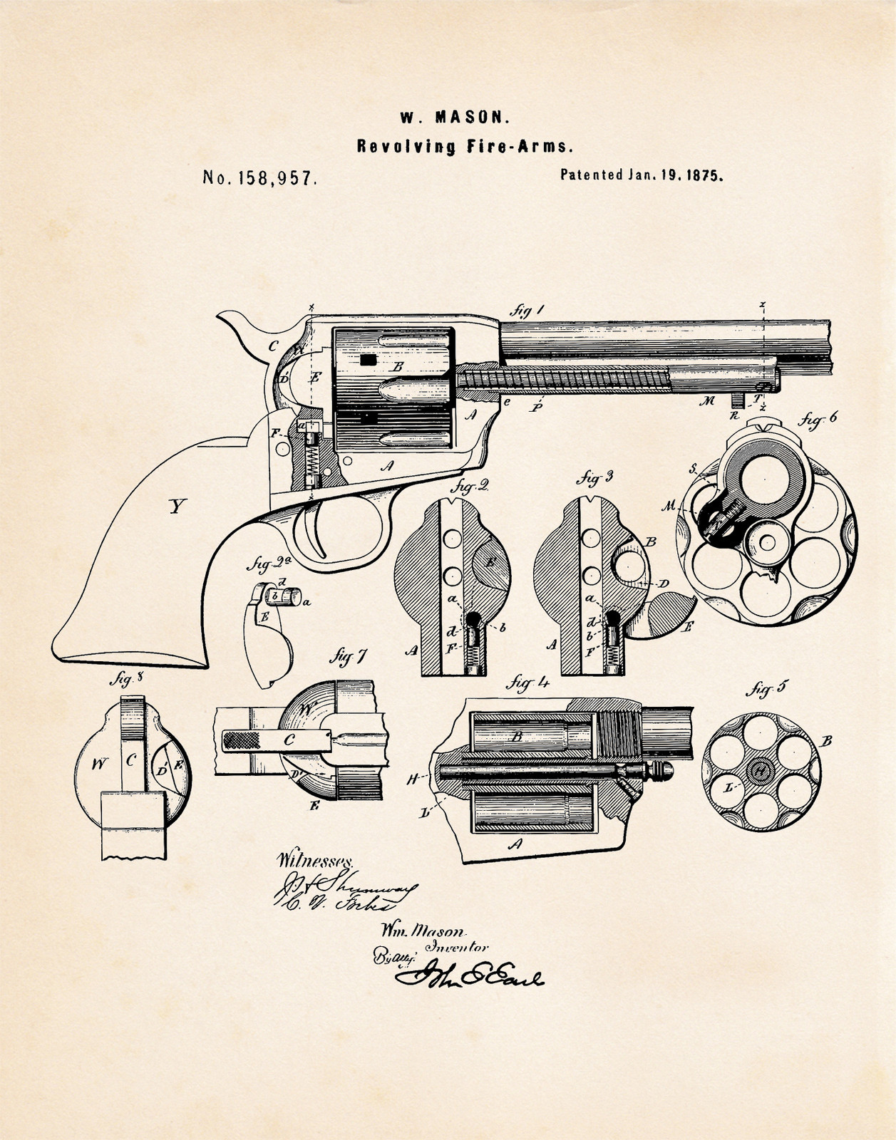 1873 Colt 45 Peacemaker Poster Patent Print Mason Revolver Gun ...