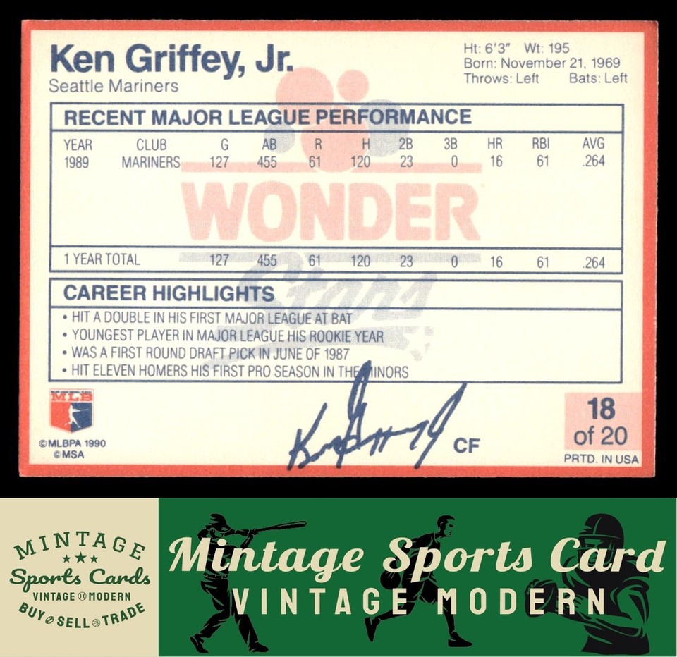 1990 Wonder Bread Stars - Ken Griffey, Jr. - #18 Seattle Mariners | eBay